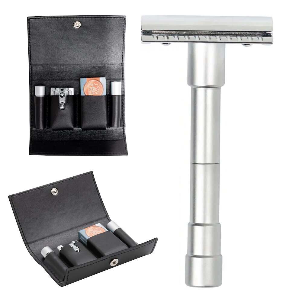 Travel Safety Razor Merkur 46C Satin chrome, black leather case, 10 ...